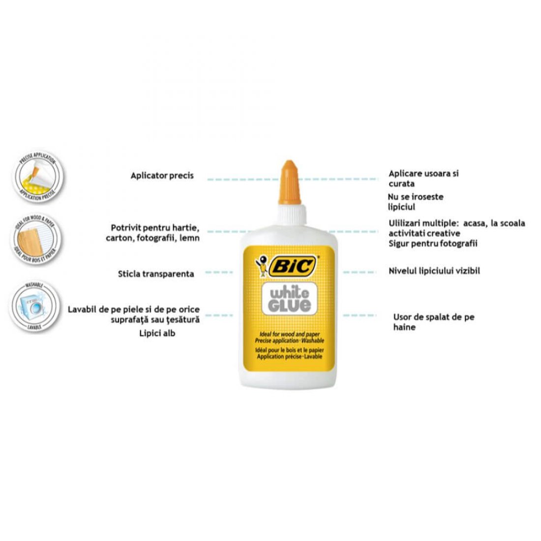 Lipici Lichid BIC, 118 ml, Culoare Alba, pentru Lemn si Hartie, Lipici ...