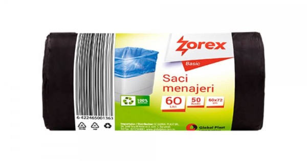 Saci Menajeri Zorex Basic, 60L, 60x72 cm, 50 Buc/Rola, Culoare Neagra ...